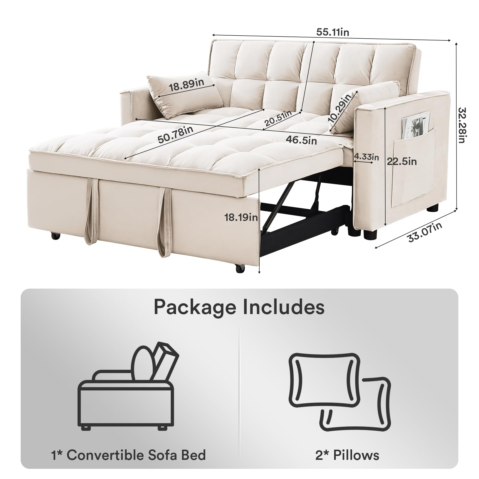 Rovibek 3 in 1 Convertible Sleeper Sofa Bed Pull Out Couch Futon Loveseat Velvet Chaise Lounge with 2 Pockets and 2 Pillows for Living Room, White