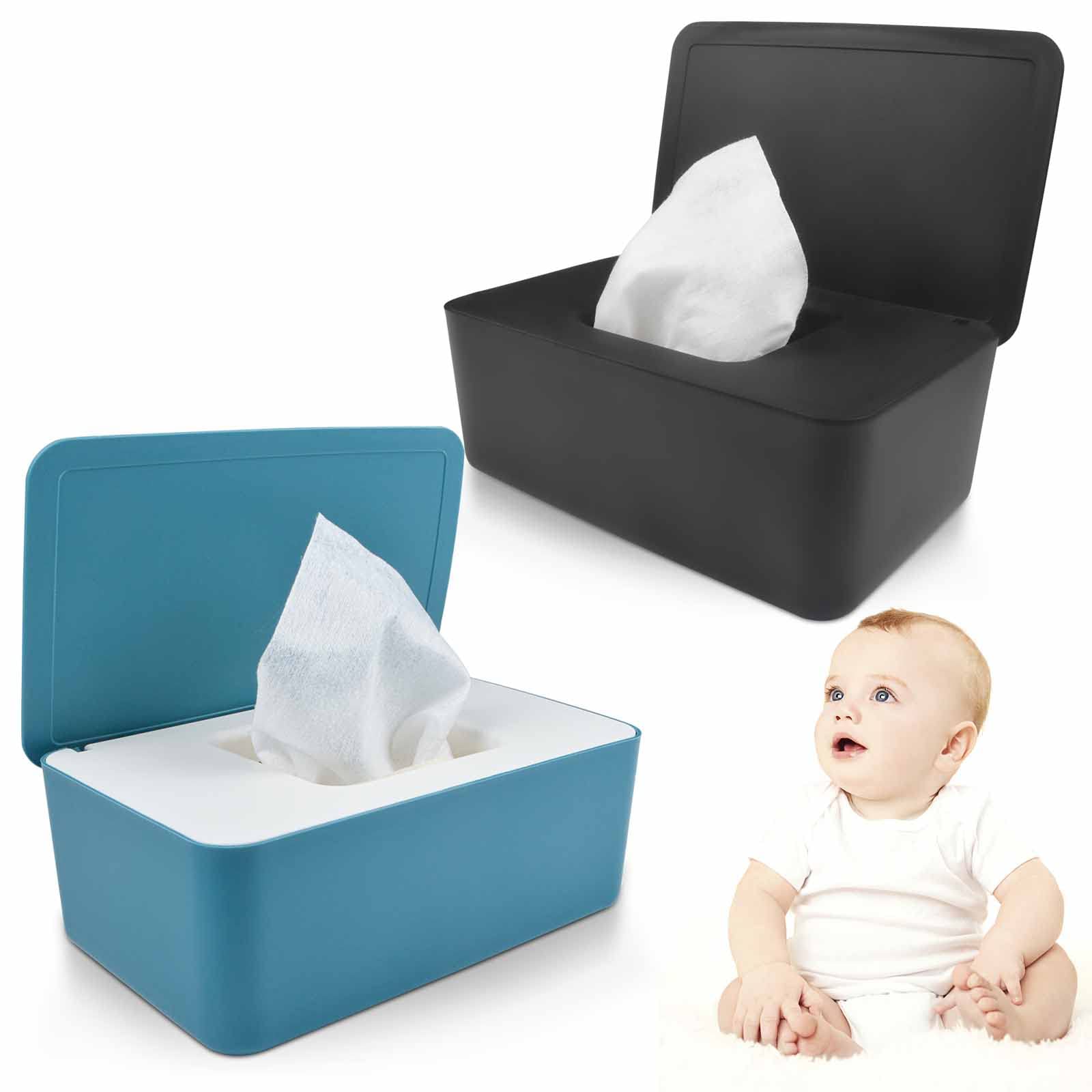 ROLLMOSS 2 Pieces Baby Wipes Dispenser Wipe Container, Baby Wipe Holder for Keep Wipes Moist Fresh Dustproof, Refillable Wet Tissue Storage Box Case for Bathroom Baby Office Nursery (Black, Blue)