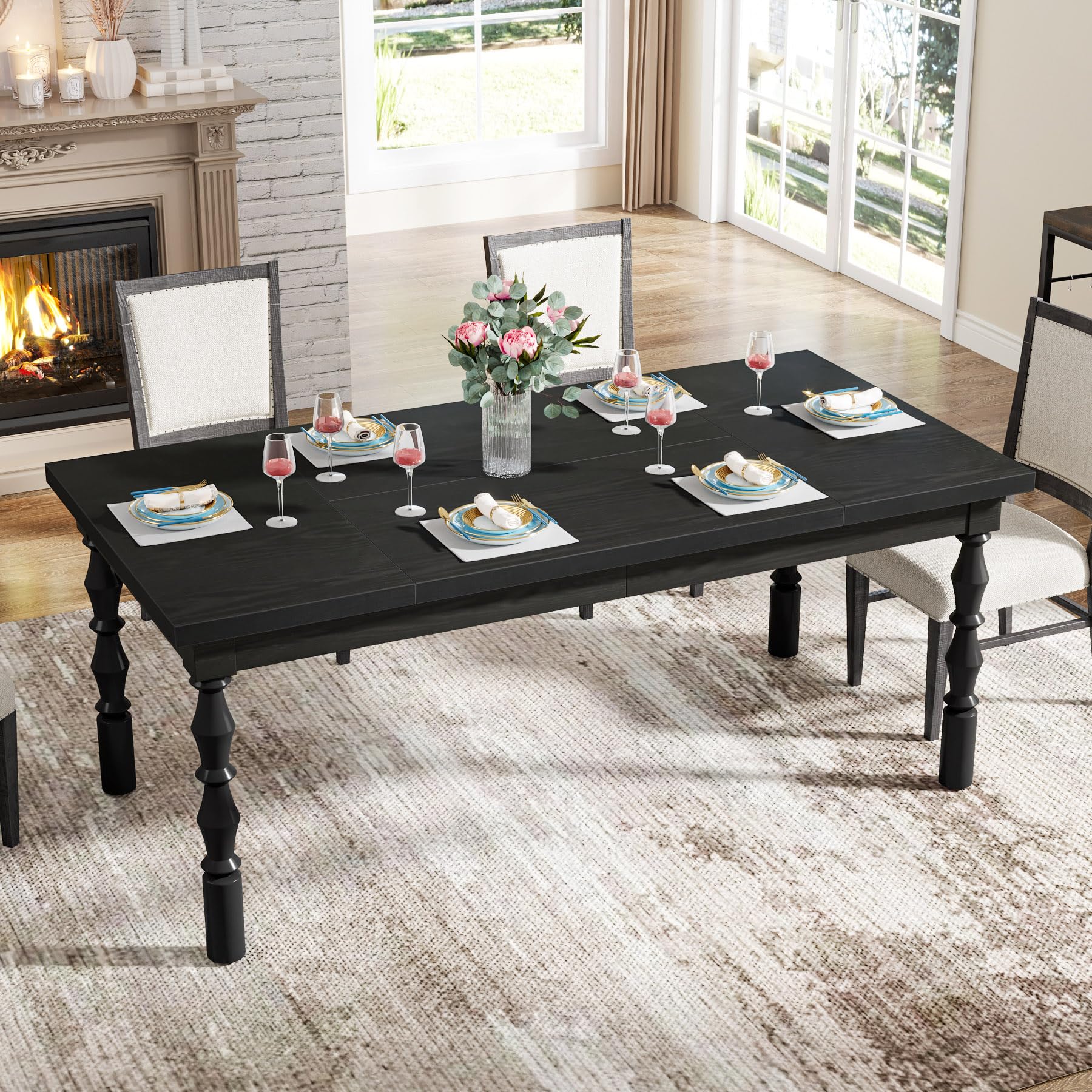 Tribesigns Wood Black Dining Table for 4-6 People, 62β Farmhouse Large Rectangle Kitchen Table, Modern Dinner Table Kitchen & Dining Room Furniture with Carved Turned Legs