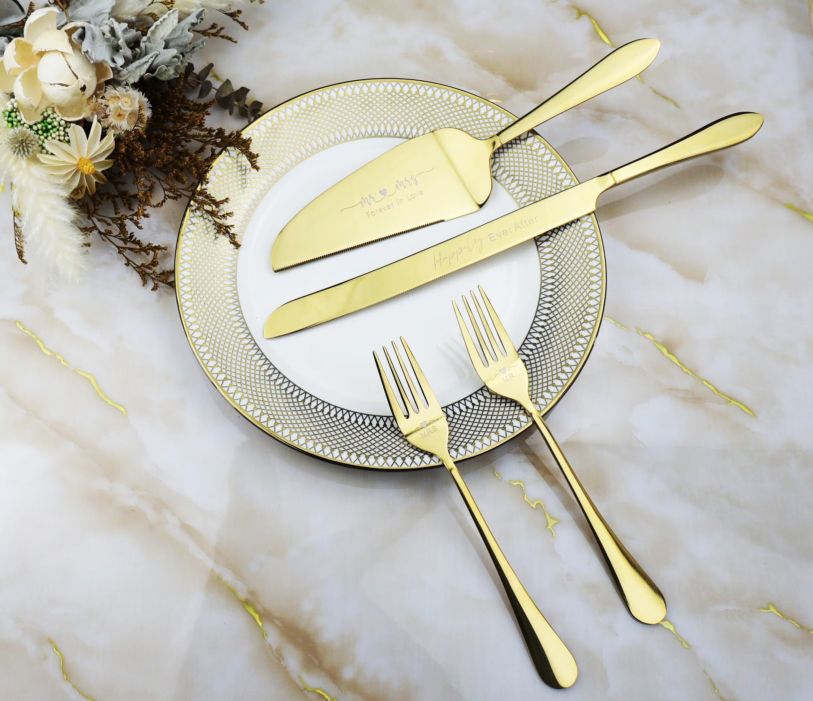 ROXBURGH Wedding Cake Knife and Server Set, Engraved Mr and Mrs Gold Forks Cake Cutting Set Pie Dessert Servers for Wedding Anniversary Bridal Shower Engagement