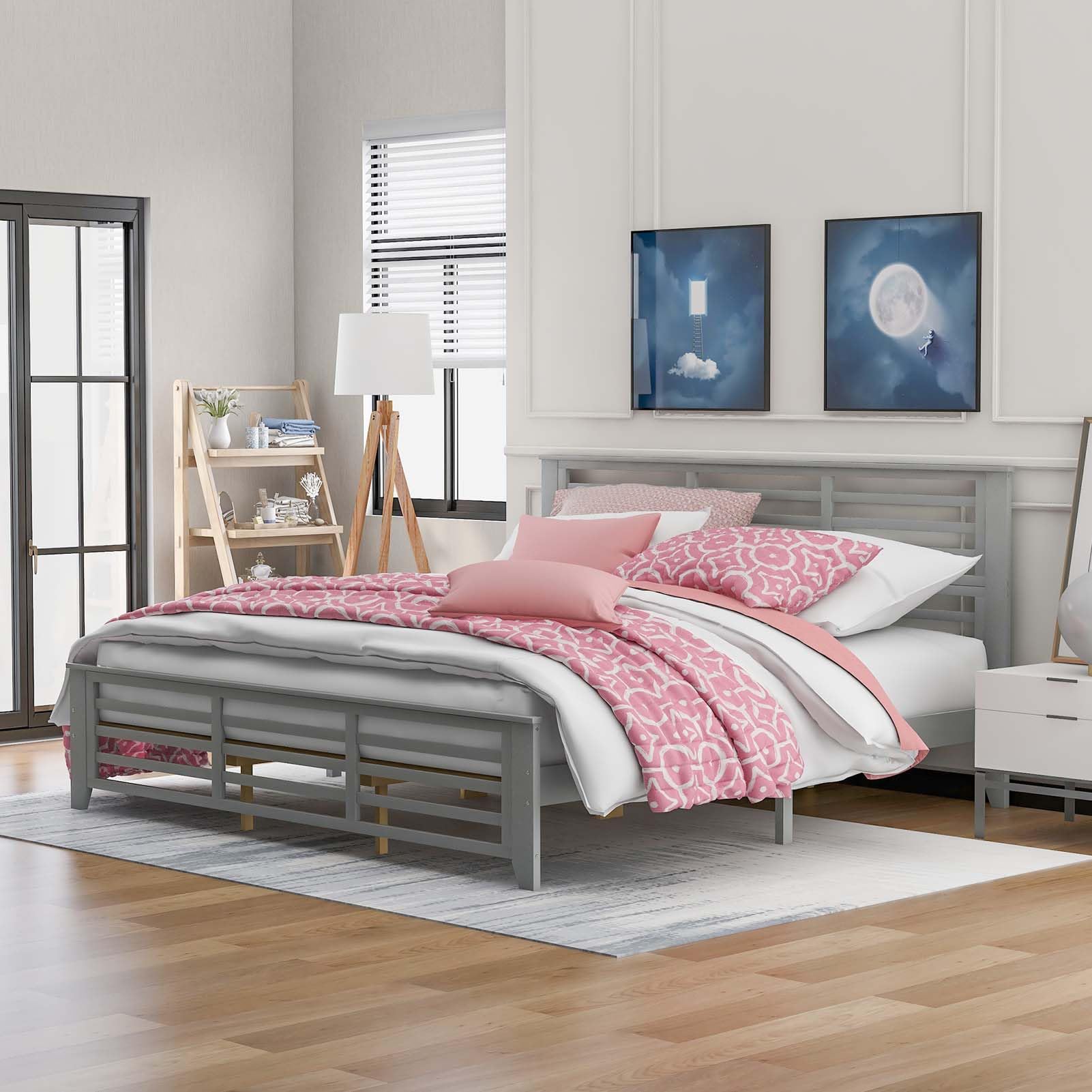King Size Bed Frame, King Bed Frame with Horizontal Strip Hollow Shape Headboard, Pine Wood Platform Bed Frame for Teens Adults Bedroom, Noise Free/No Box Spring Needed (Gray)