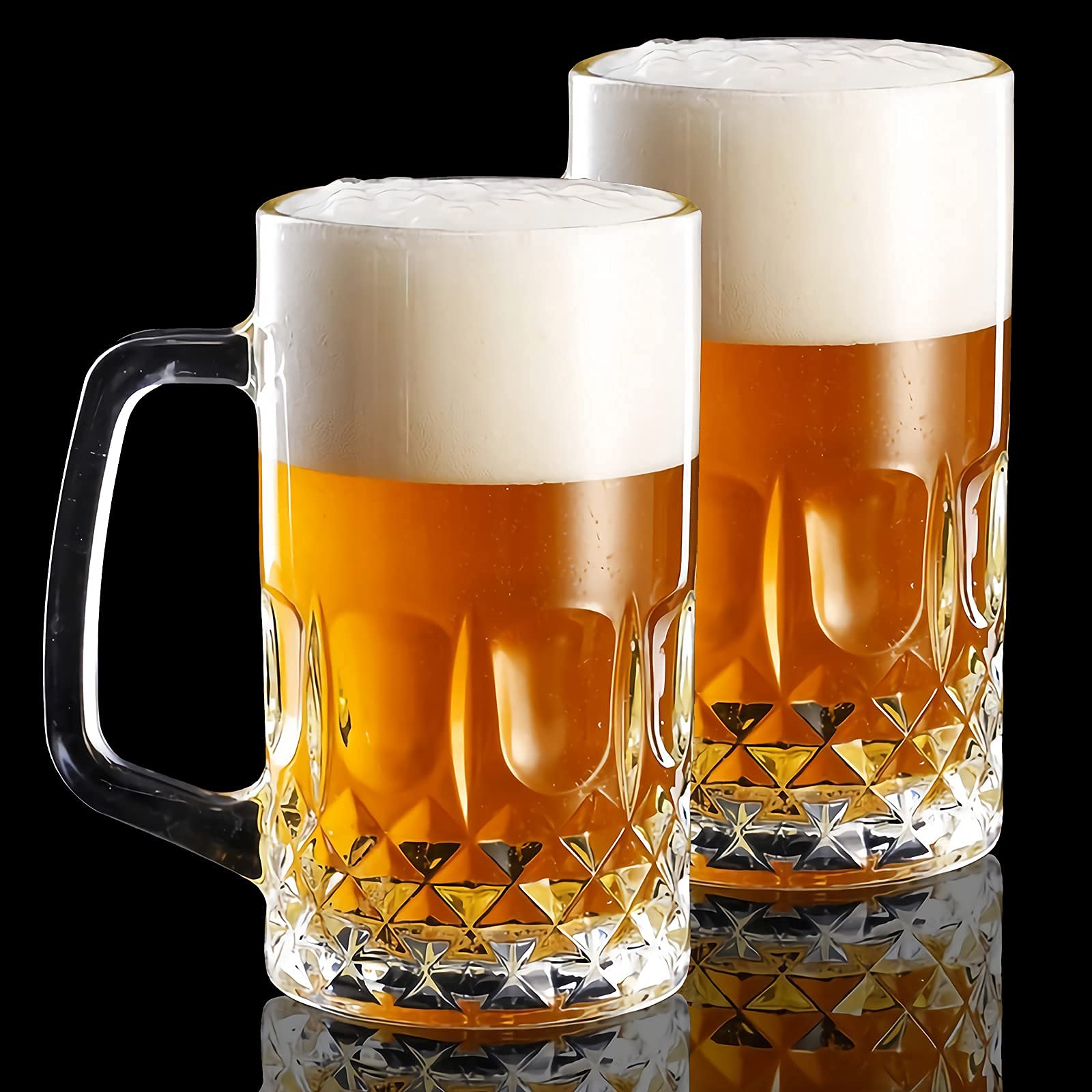 Momugs 32 Ounces Beer Stein Mugs - 2 Pack Extra Large German Style Clear Tall Beer Glasses for Men - Heavy Duty Thick Glass With Handle