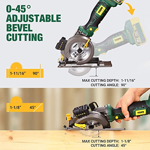 TECCPO Cordless Circular Saw, 4.0Ah 20V 4,500RPM Saw with Laser, 3 Blades(4-1/2"), Fast Charger, Max Cutting Depth 1-11/16''(90°), 1-1/8''(45°), for Wood, Plastic, Soft Metal and Tile Cuts - MTW510B