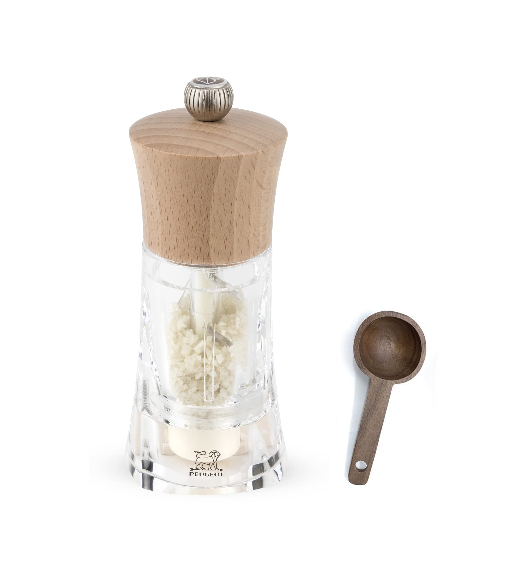 Peugeot - Oleron Manual Mill Wet Sea Salt Mill - Transparent Adjustable Grinder - Acrylic and Beechwood, Natural, 5.5 Inches - With Wooden Spice Scoop Spoon