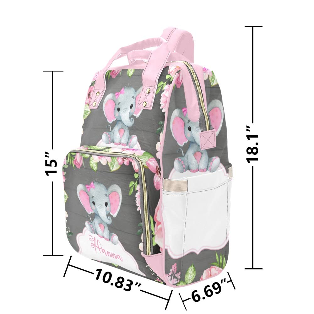 SunFancy Pink Flower Elephant Personalized Diaper Backpack Custom Mommy Bag Unisex Travel Daypack for Mom Dad Boy Girl