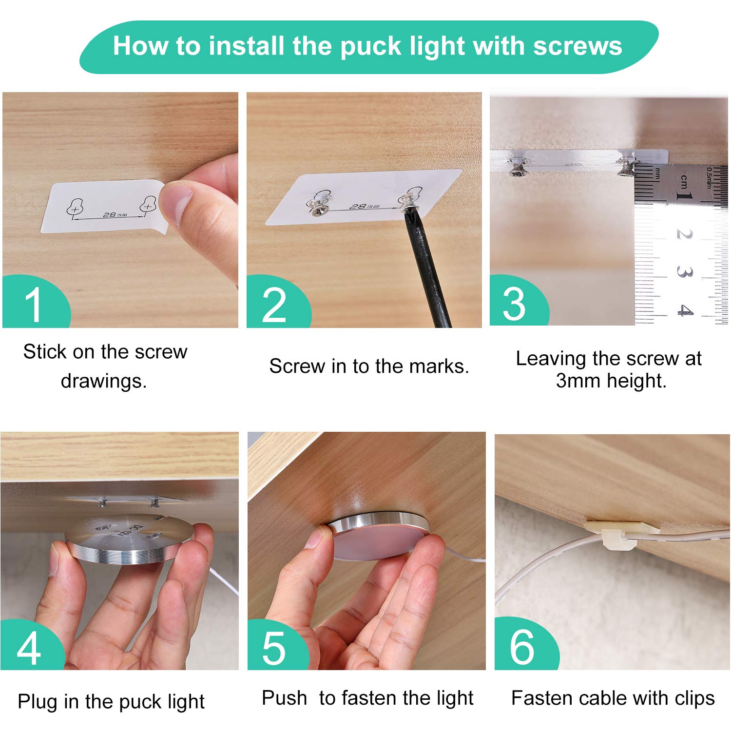 LED Under Counter Lighting Fixture,3 Pack Wired Linkable Under Cabinet Lights for Kitchen,Plug in Puck Lights with Manual Switch for Wardrobe Closet Showcase Bookcase(6000K Daywhite)
