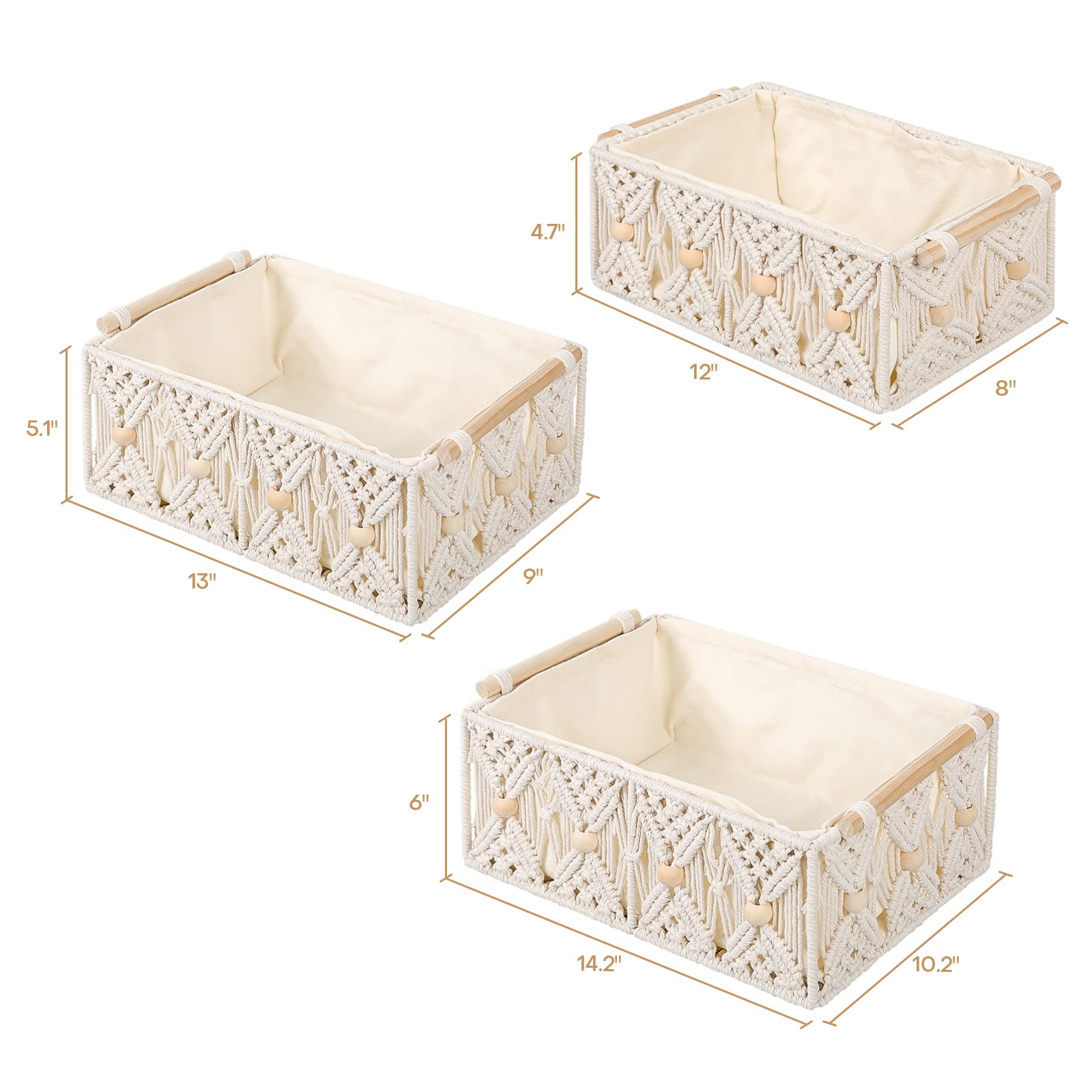 LaMorée Large Boho Macrame Storage Baskets 3 PCS Cotton Rope Hand Woven Bin Set with Natural Wooden Handles & Beads Decorative Wicker Boxes for Tabletop Book Shelf Bathroom Organizer Container