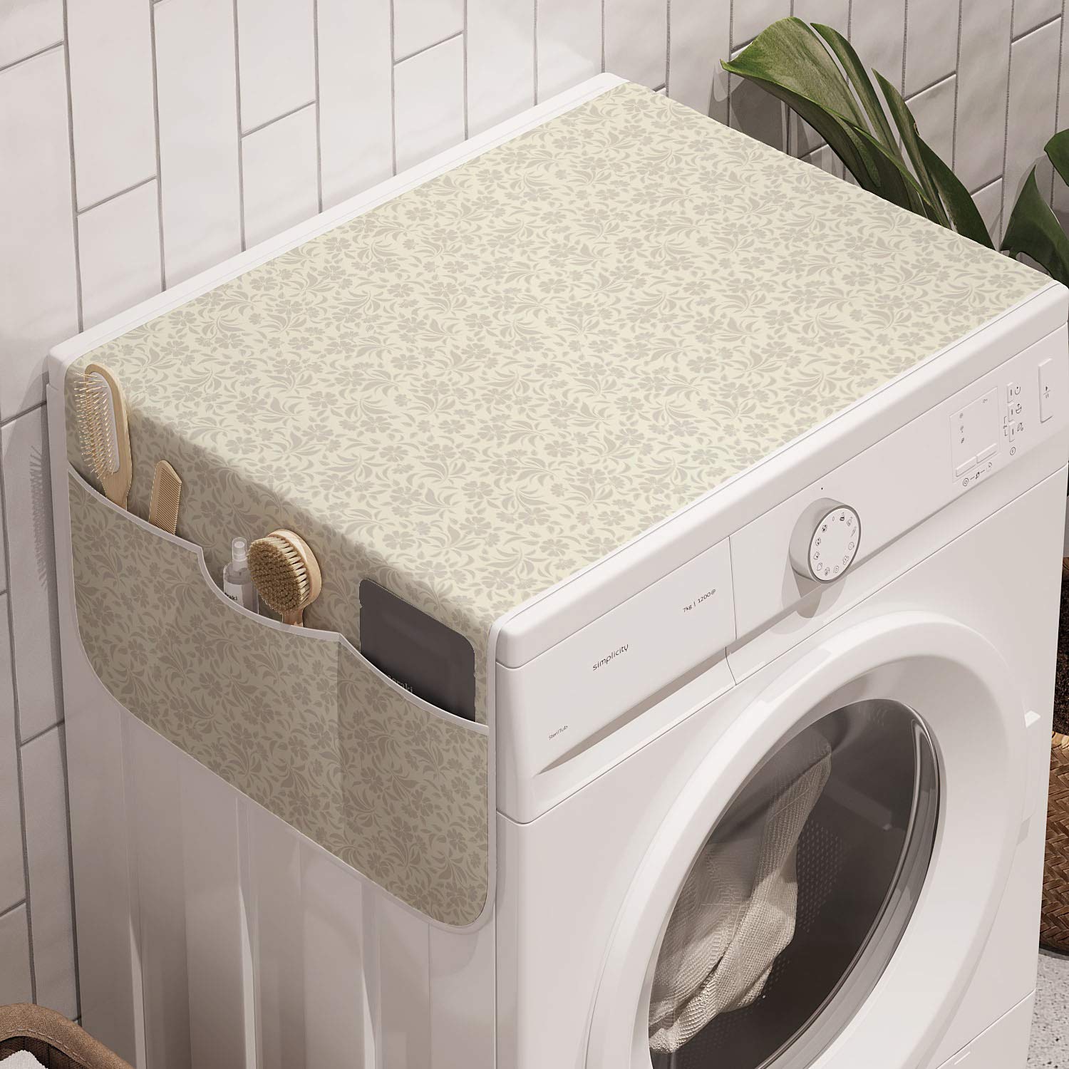 Lunarable Ivory and Grey Washing Machine Organizer, Blooming Nature Pattern in Faded Colors Spring Inspired Buds Gardening Plants, Anti-slip Fabric Cover for Washers and Dryers, 47" x 18.5", Ivory Tan