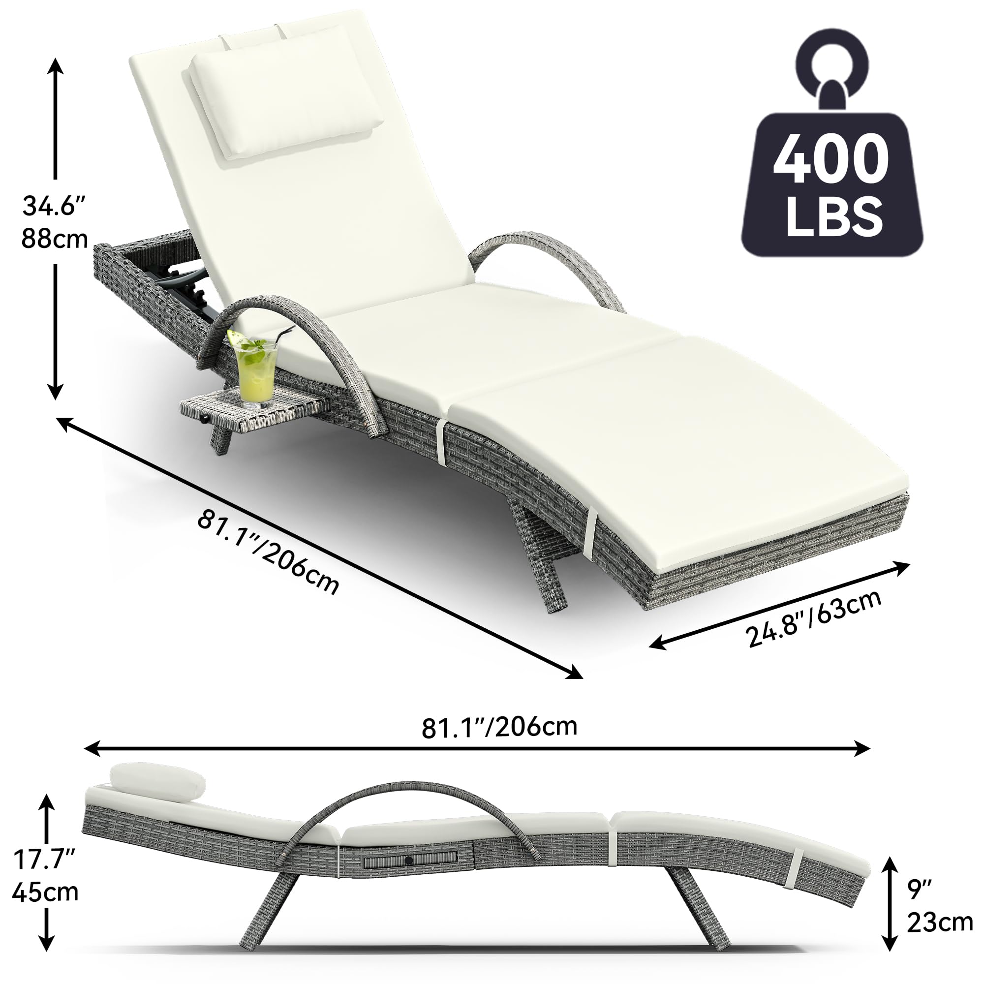YITAHOME Patio Chaise Lounge Chair Set of 2, Wicker Chaise Lounge Outdoor Rattan Reclining Chair with Armrests/Pull-Out Cup Holder/5-Position Backrest/Cushion & Headrest-Beige