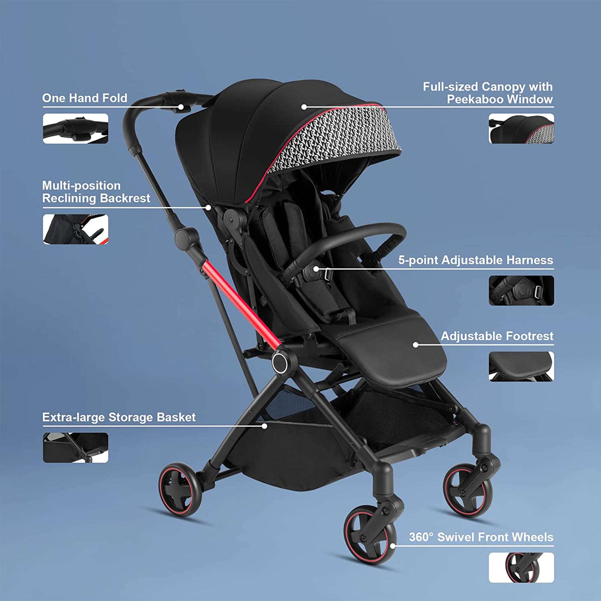 RoyalBaby Lightweight Baby Stroller w/ Compact Fold Travel Stroller Design, Plane-Friendly Stroller for Toddlers & Infants, Oversize Canopy & Visor
