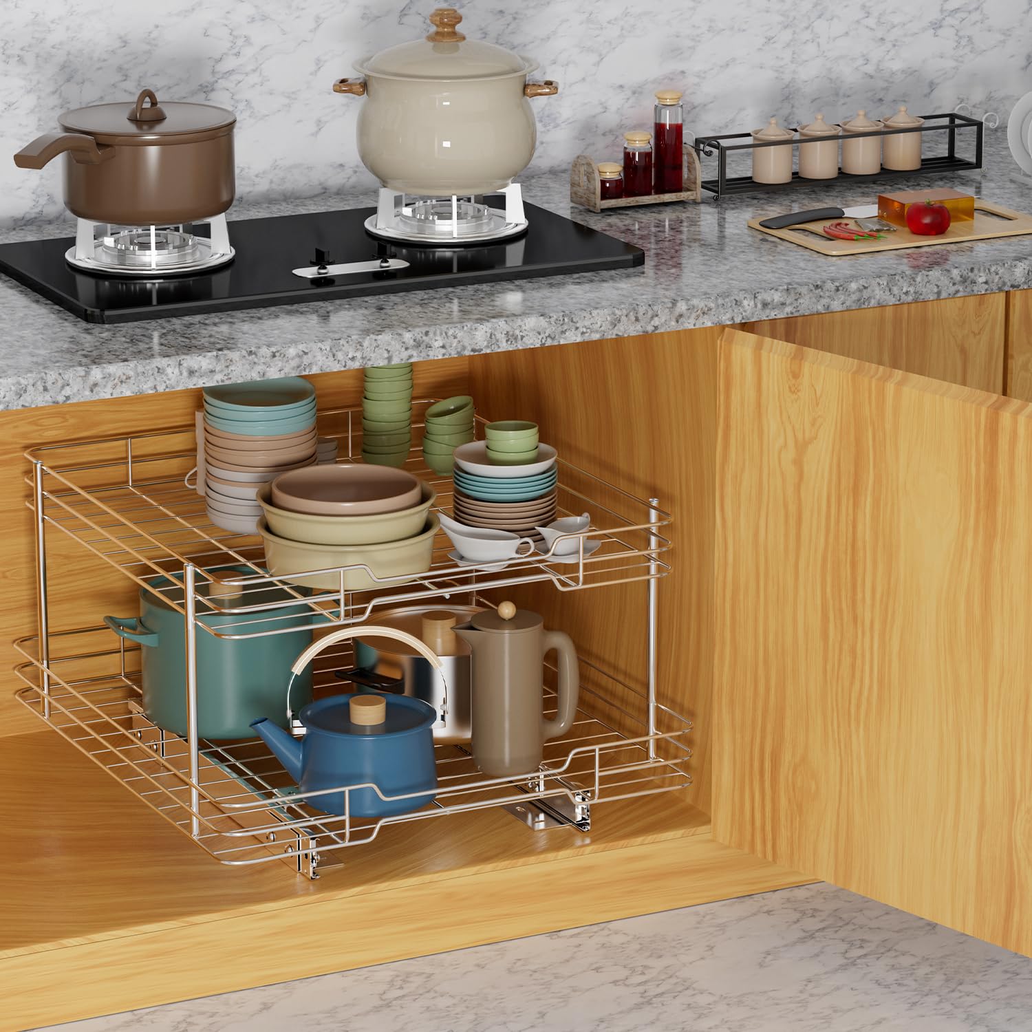 Lxmons 2 Tier Pull-out Cabinet Organizer, 20" W x 21" D Kitchen Under Sink Organizer, Slide Out Home Spice Rack Storage for Pots and Cans, Drawer Pantry Shelf Organization for Bathroom Base, Chrome