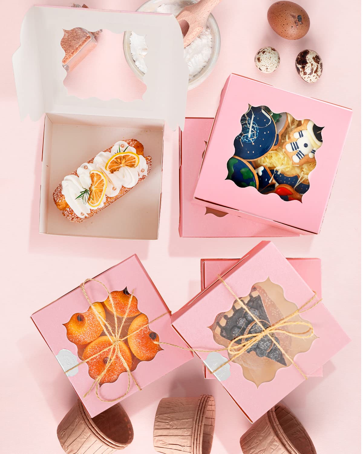 qiqee Pink Bakery Box with Window 60packs 6x6x3 Pink Cookie Boxes Pastry Box for Wedding Favor Birthday & Party