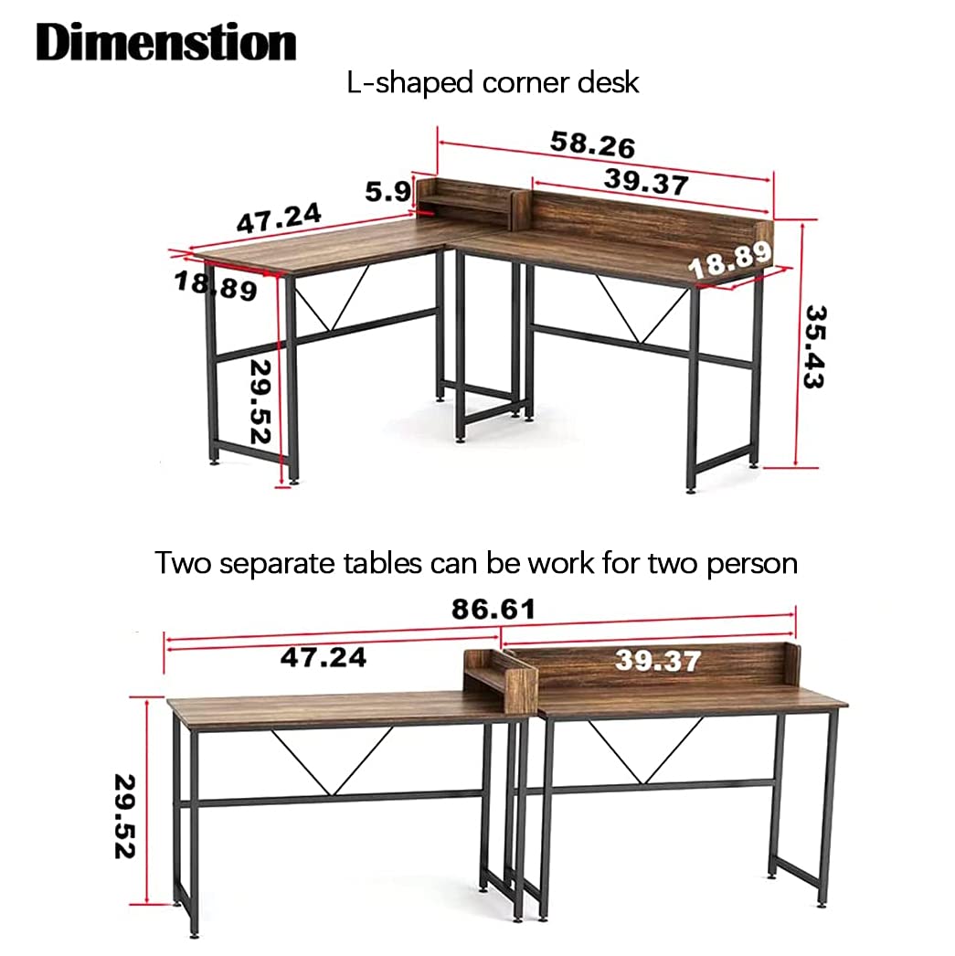 K-Musculo Umekesa L Shaped Desk Reversible Corner Computer Desk or 2 Person Table for Home Office Large Gaming Writing Workstation with Hutch, Space Saving, Rustic Walnut