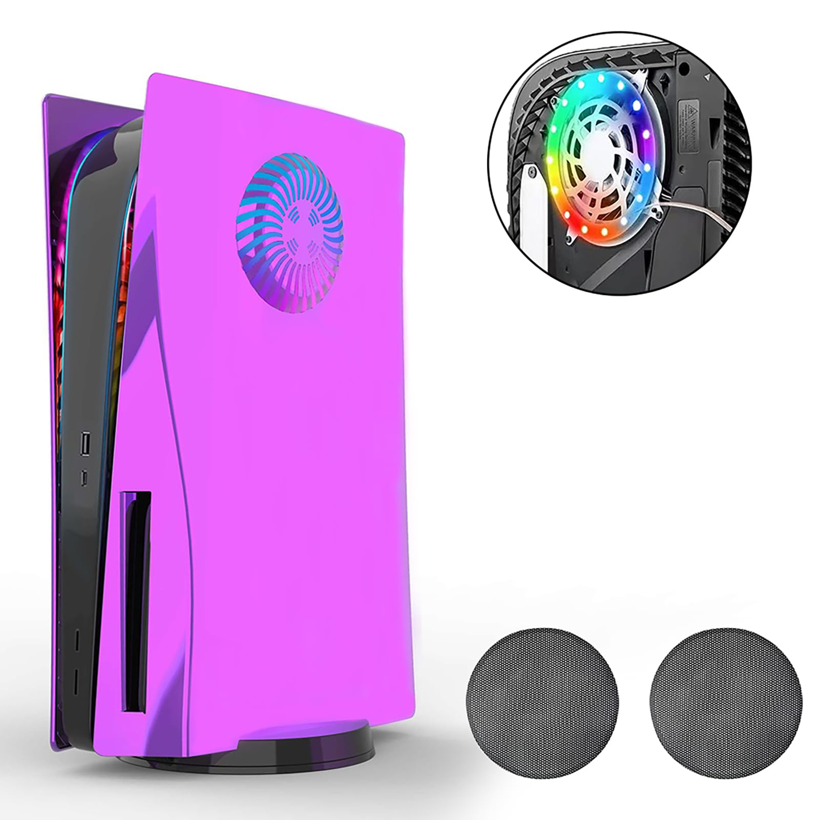 Personalized for PS5 Cover Plates Faceplate Plated Purple + Multicolor Lights + Window Replacement, Compatible with for PlayStation 5 Disc Edition Console, Extra Protection Face Shells Full Set