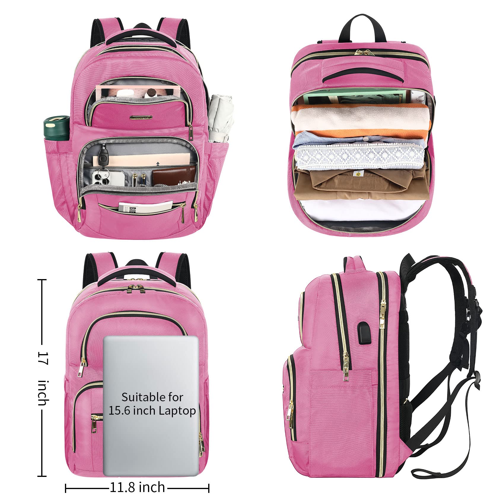 LTINVECK Travel Laptop Backpack for Women Men, Business Anti Theft TSA Friendly Laptops Backpack with USB Charging Port,Durable Water Resistant Computer Bag Fits 15.6 Inch Laptops,Pink