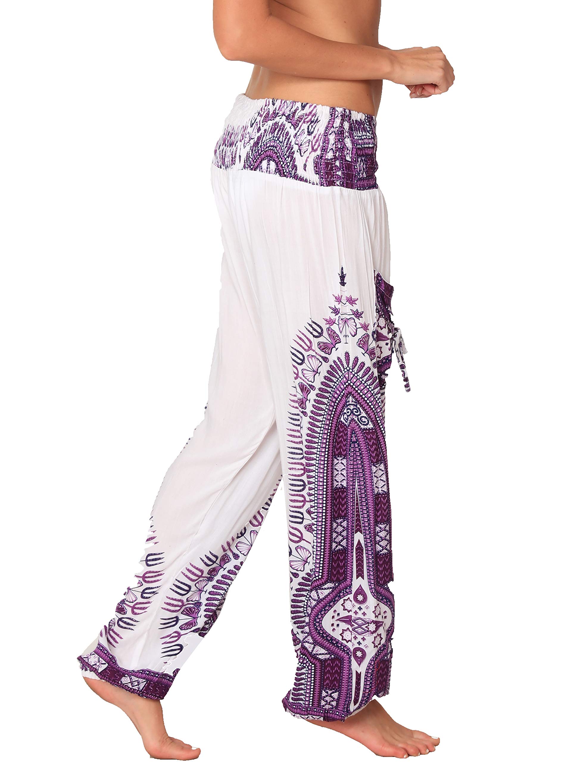 INGEAR Smocked Harem Pants Hippie Bohemian Casual Gypsy Print Yoga Baggy Boho (Medium, White/Purple)