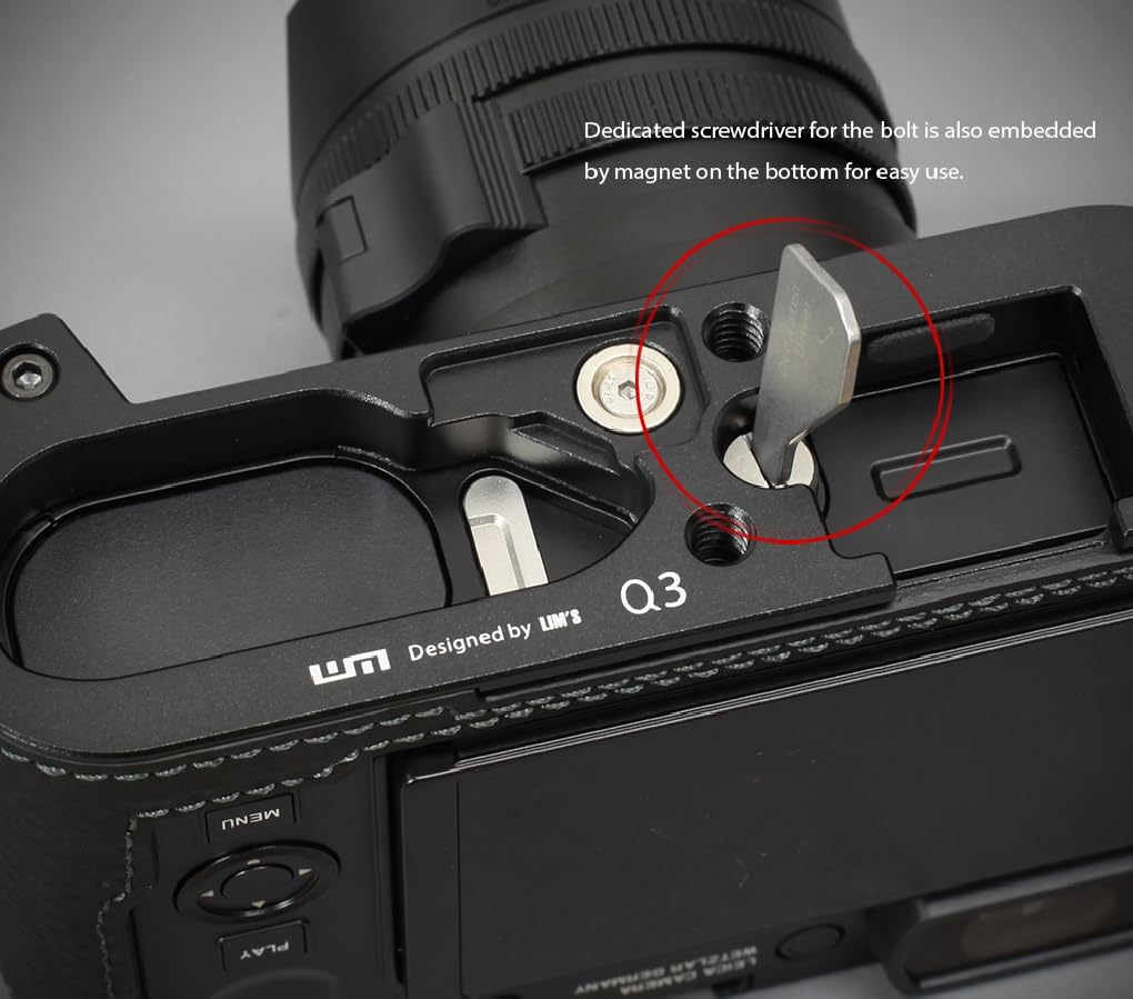 LIM'S Genuine Italy Leather Camera Half Case Metal Grip Dovetail Plate for Leica Q3 [Black]