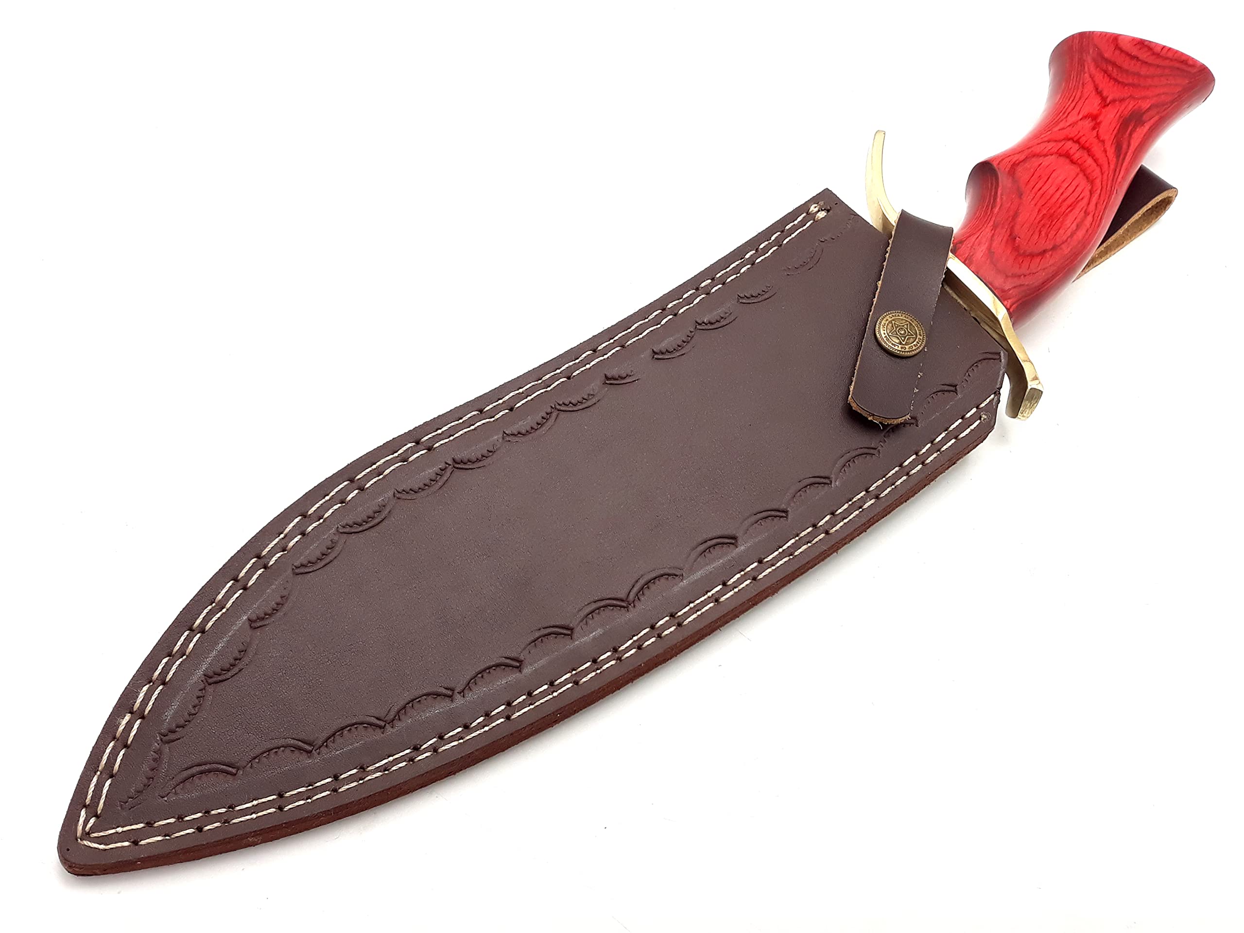 Nooraki - 15.5" Handmade D2 Steel Fixed Blade Bowie Knife with Leather Sheath, Multipurpose Knife with Brass Guard and Red Pakka Wood Handle for Everyday Carry, Camping, Hunting
