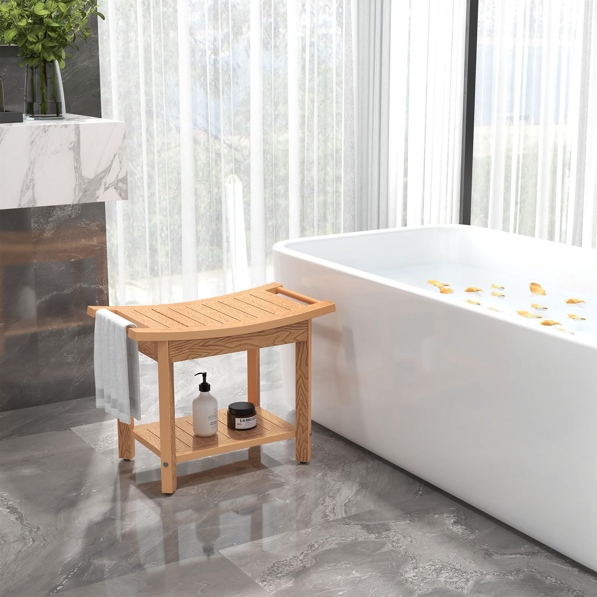 YITAHOME Poly Lumber Shower Bench with Handles, Shower Stool with Storage Shelf, Watertight & Non-Slip Design Shower Seat, Shower Bath Chairs Spa Stool for Bathroom 24' x 13' (Black)