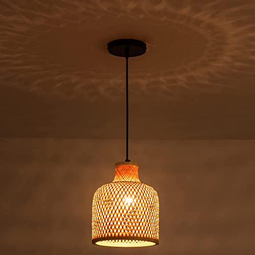 Modern Bamboo Woven Pendant Light Set of 2, Coastal Bamboo Wicker Dome Pendant Lighting Fixture for Kitchen Dining Room Living Room Foyer
