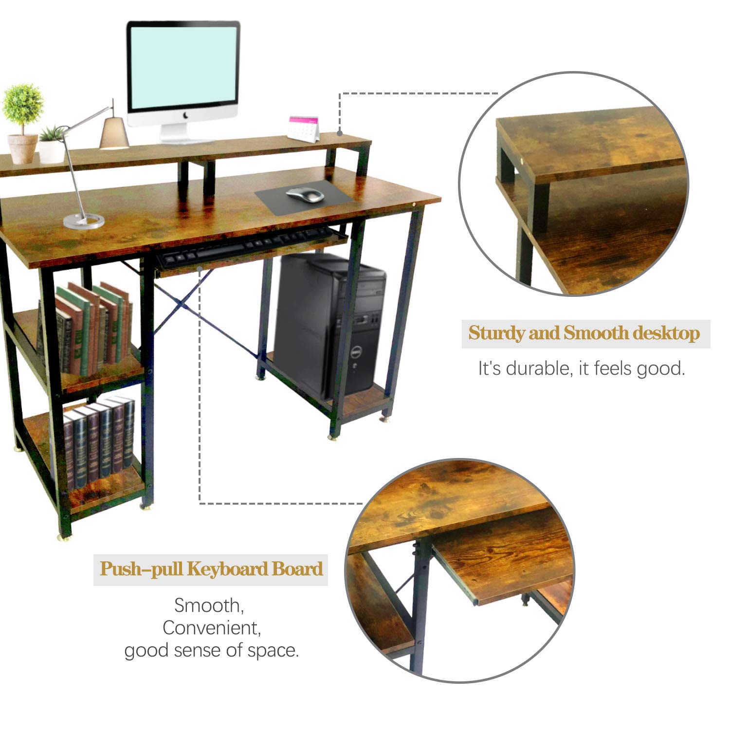 LOVEZ Computer Desk with Storage Shelves/Keyboard Tray/Monitor Stand Desk with Bookshelf Easy Assemble Study Table for Home Office (Brown)