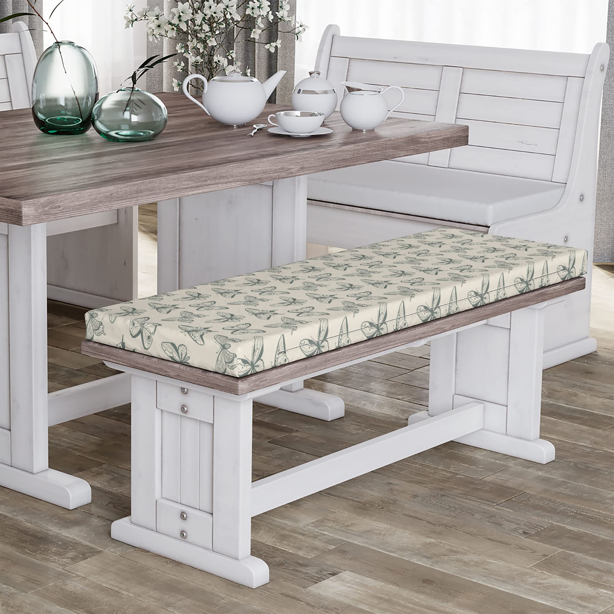 Lunarable Spring Bench Pad, Earthy Tone Damask Stencil Swallowtail Butterfly and Skippers, Standard Size HR Foam Cushion with Decorative Fabric Cover, 45" x 15" x 2", Green Eggshell