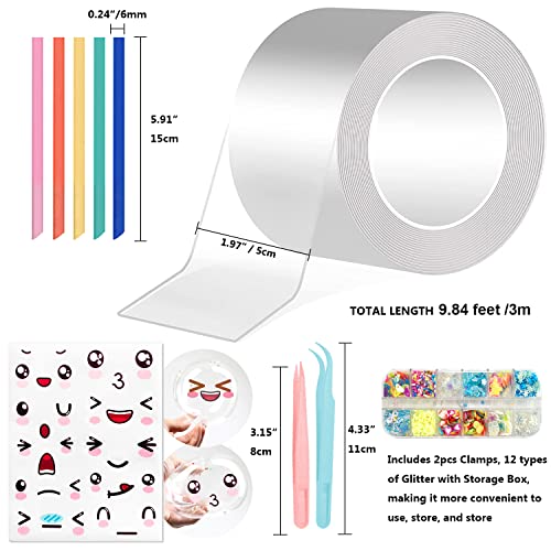 Nano Tape Bubble Kit, Super Elastic Bubble Balloons with 5pcs Straw, 2pcs Clamps, Stickers,12 Kinds of Glitter with Storage Box, Nano Tape Plastic Bubble Balloon DIY Craft Kit for Boys, Girl