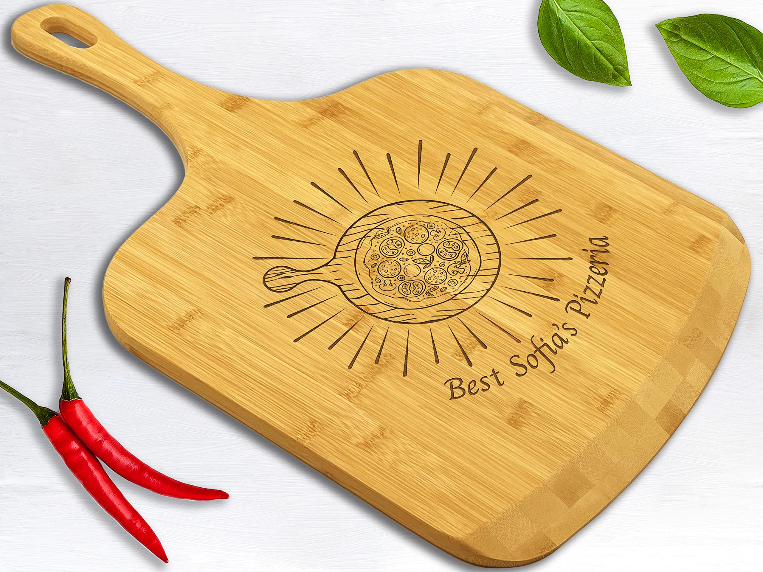 Personalized Bamboo Pizza Board with Handle Customized Wood Serving Cutting Pizza Board with Engraved Custom Name Monogram โ Wedding, Anniversary, Housewarming, Birthday, Mom, Dad Gift