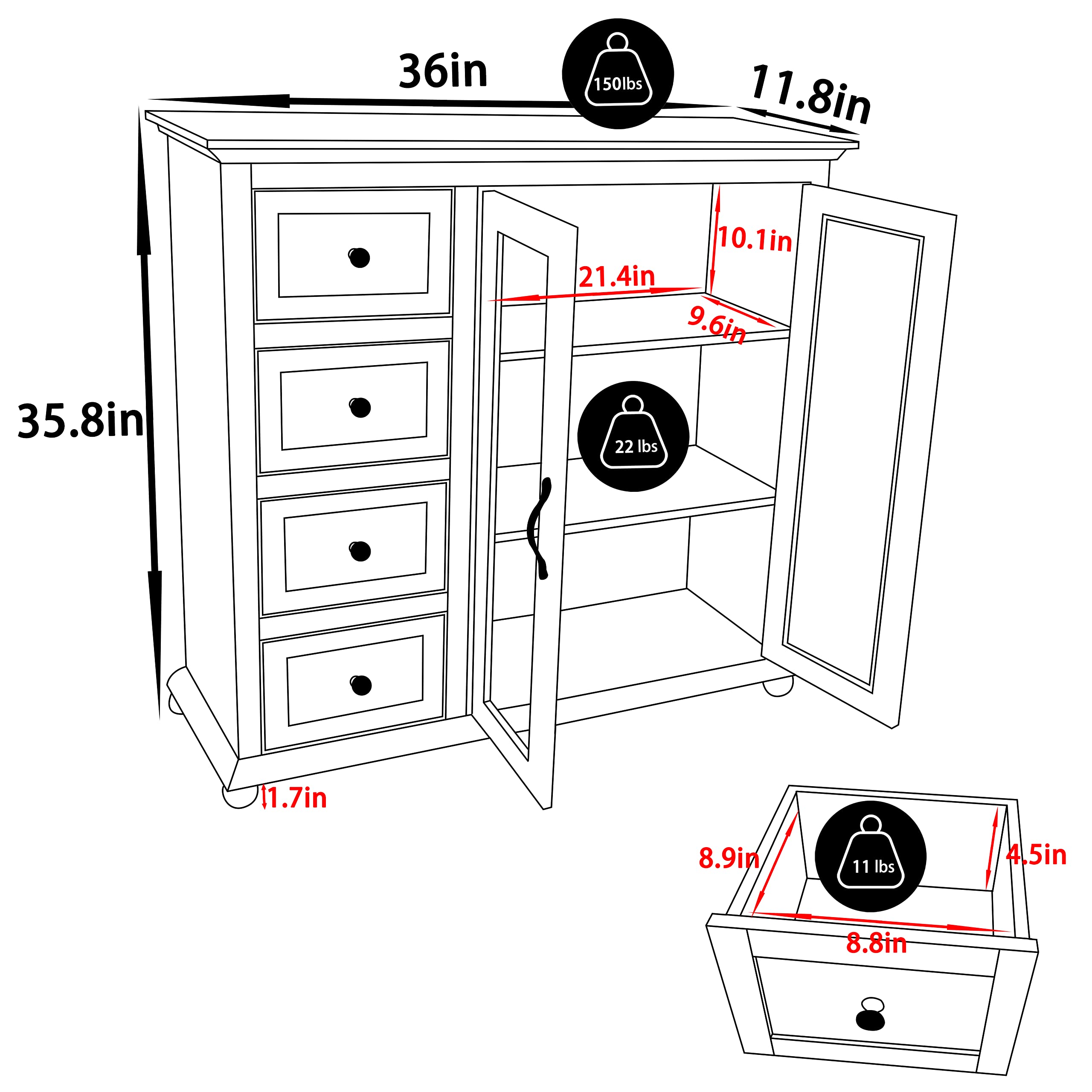 MUPATER Kitchen Buffet Sideboard Storage Cabinet, Floor Cupboard Cabinet with 2 Glass Doors and 4 Drawers for Home Dining Room, Living Room and Entryway, Dark Grey