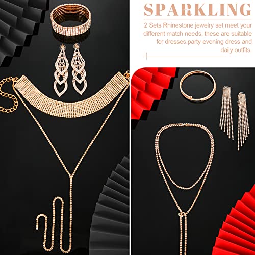 MTLEE 6 Pieces Women Rhinestone Jewelry Set Layered Choker Necklaces Long Tassel Necklaces Crystal Bracelet Cuff Bangles Diamond Tassel Dangle Earrings (Gold)