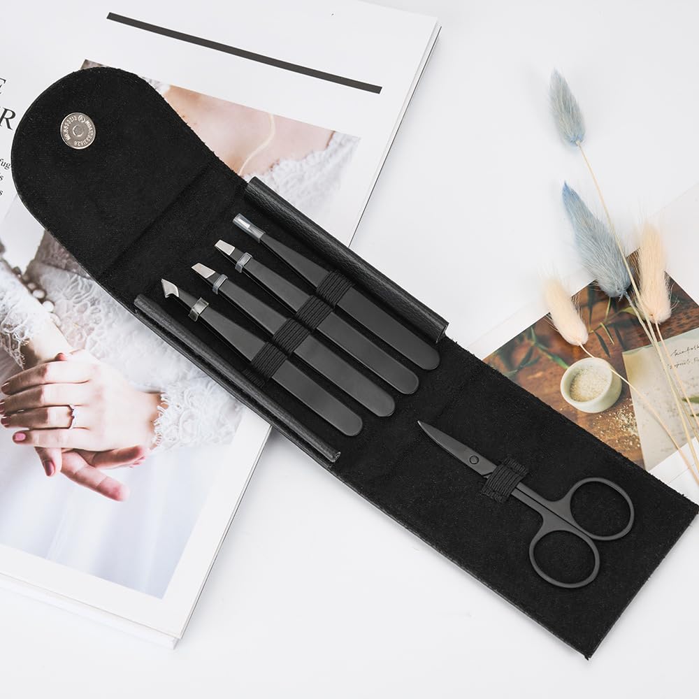 KINGMAS 5 Pcs Eyebrow Tweezers Set, Stainless Steel Brow Tweezer Scissors Set with Travel Case for Brow Facial/Ingrown Hair, Splinter (Black)