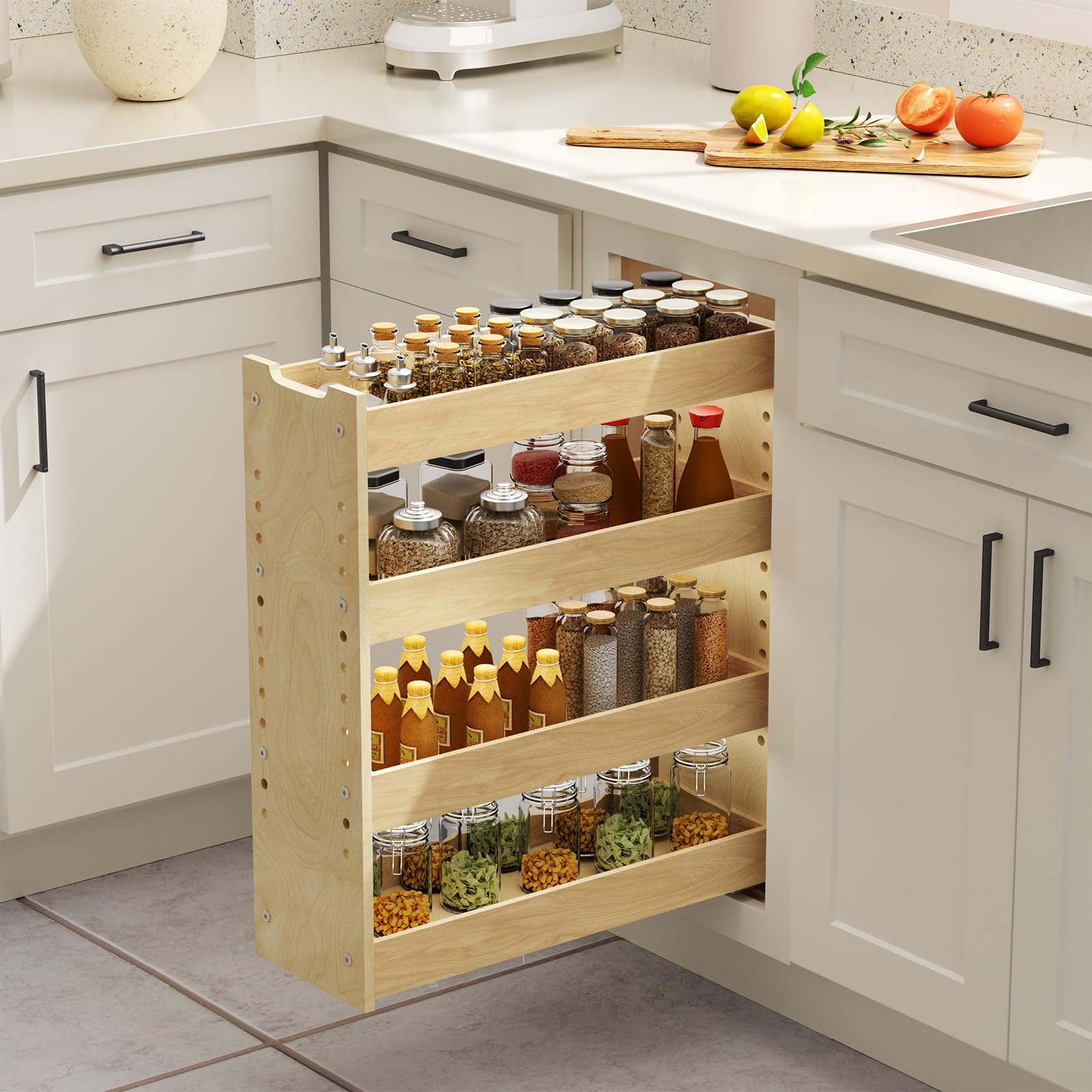 LOVMOR Adjustable Pull Out Cabinet Organizer 7½” W x 24½”H 4-Tier Narrow Cabinet Drawers Slide Out with Soft Close Wood Spice Rack for Narrow Cabinet
