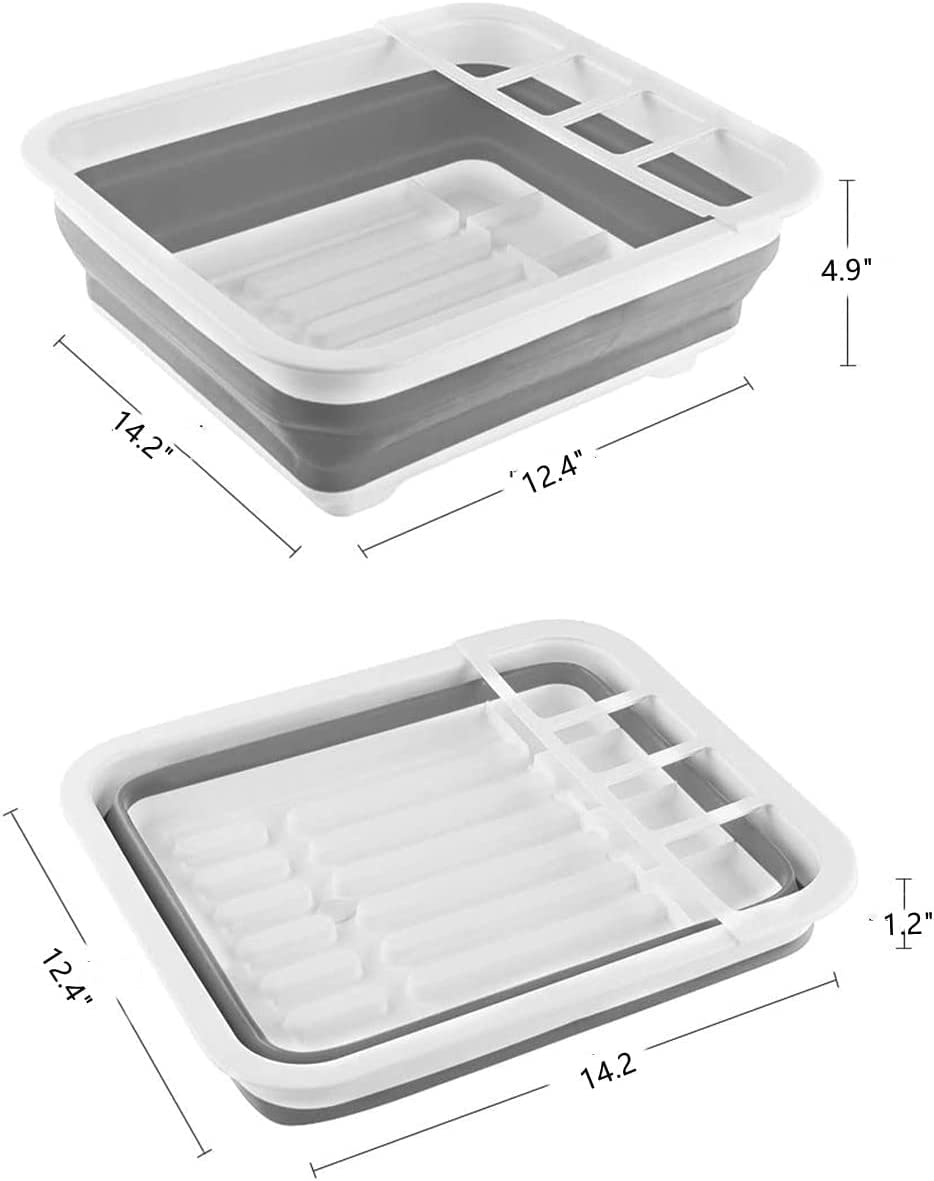 LLygezze Collapsible Dish Drying Rack, Silica Gel Drain Rack with Swivel Sprout for Kitchen Counter RV Campers Portable Dinnerware Organizer(Gray)