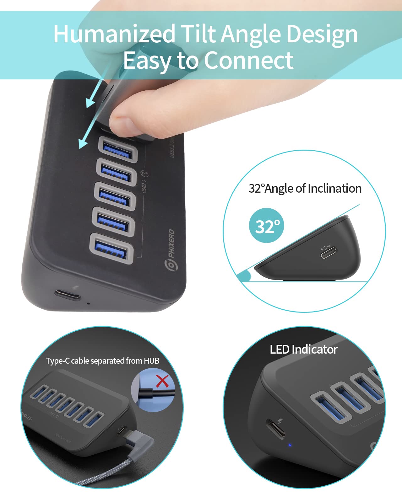 PHIXERO 4 Ports USB 3.0 Hub, 5Gbps USB Port Hub with a 2-in-1 USB C to USB A/C Cable (10Gbps), Portable USB Splitter, USB Hub for Laptop, PC, iMac, MacBook, Playstation, Xbox