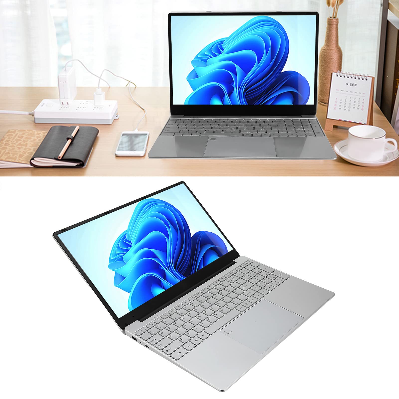 Naroote 15.6in Computer Laptop, 7000mAh Battery Laptop Silver 100-240V Backlit Keyboard 2K Resolution IPS Screen with Touchpad for Study for Windows 10 (12+256G US Plug)