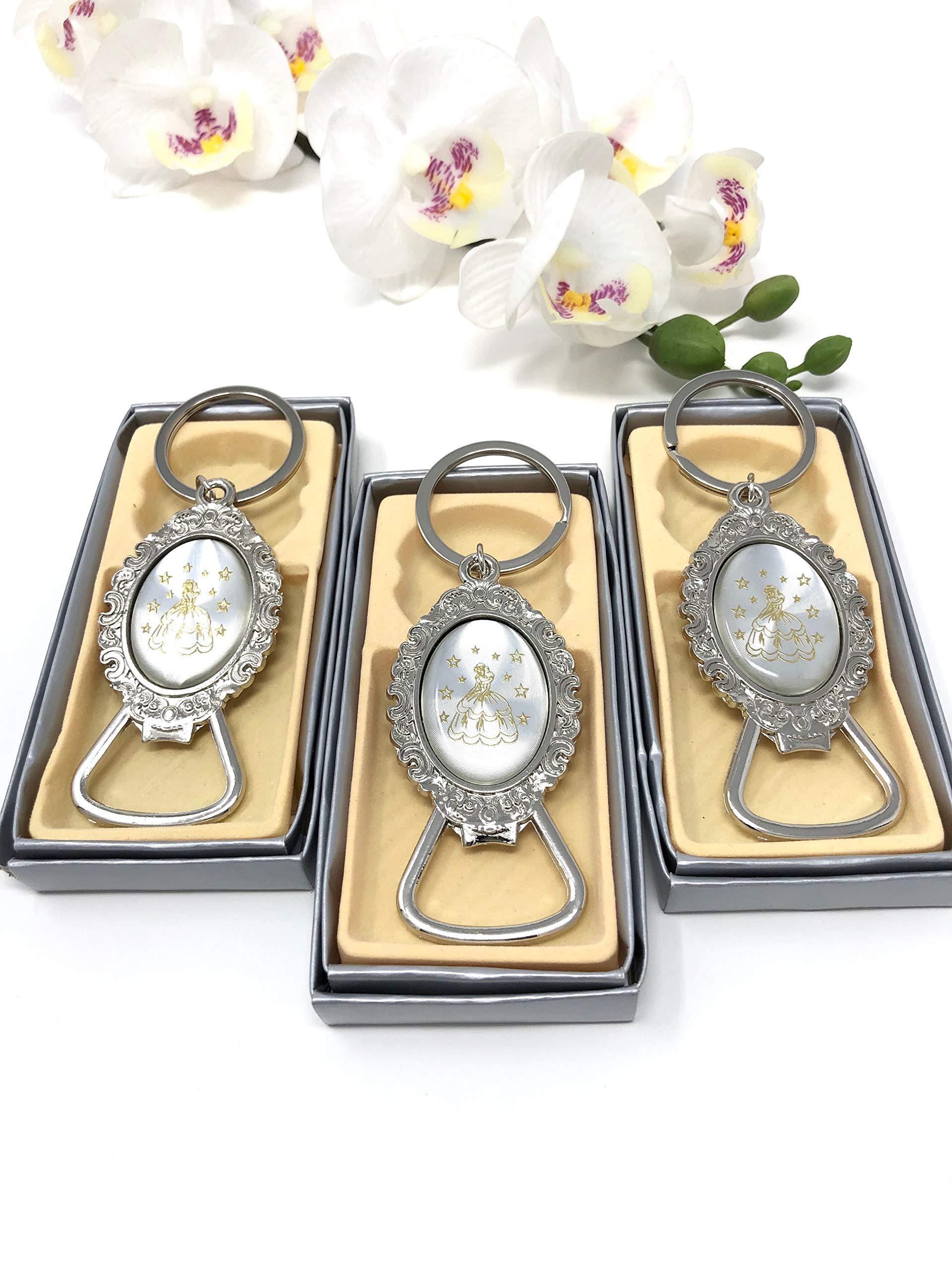 Quinceañera Keychain Bottle Opener Favor (12 PCS) - Sweet 15 Mis Quince 15 Birthday Sweet Sixteen Gold Color Metal Key Ring Gift for Guests