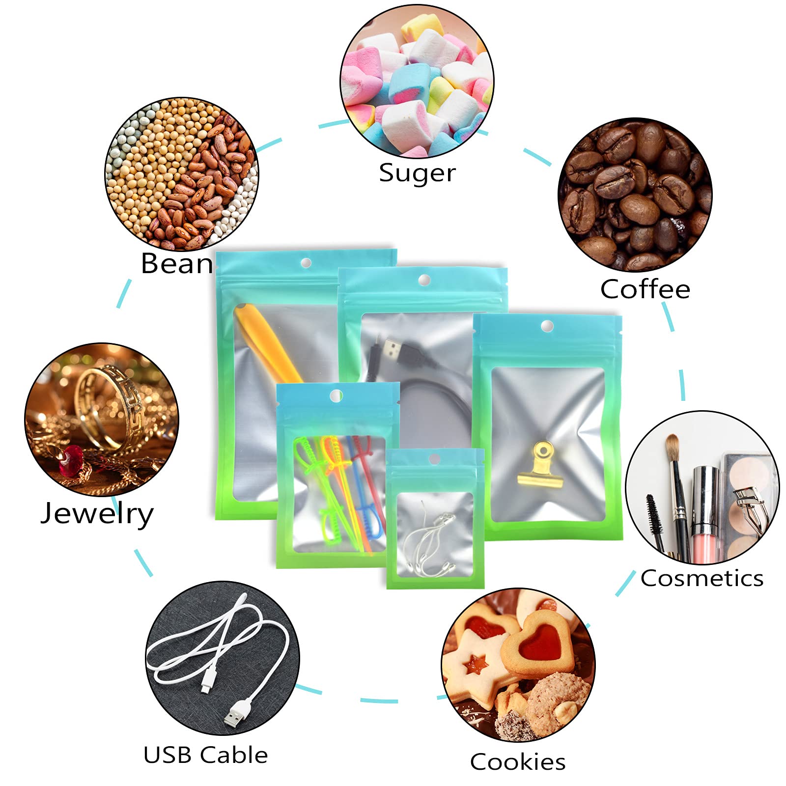 ODDIER 100pcs Foil Mylar Resealable Zipper Bag,5 Size Holographic Bags Slider Seal Technology Freezer Grip Food Containers Organization,Reusable Bags for Packaging Products