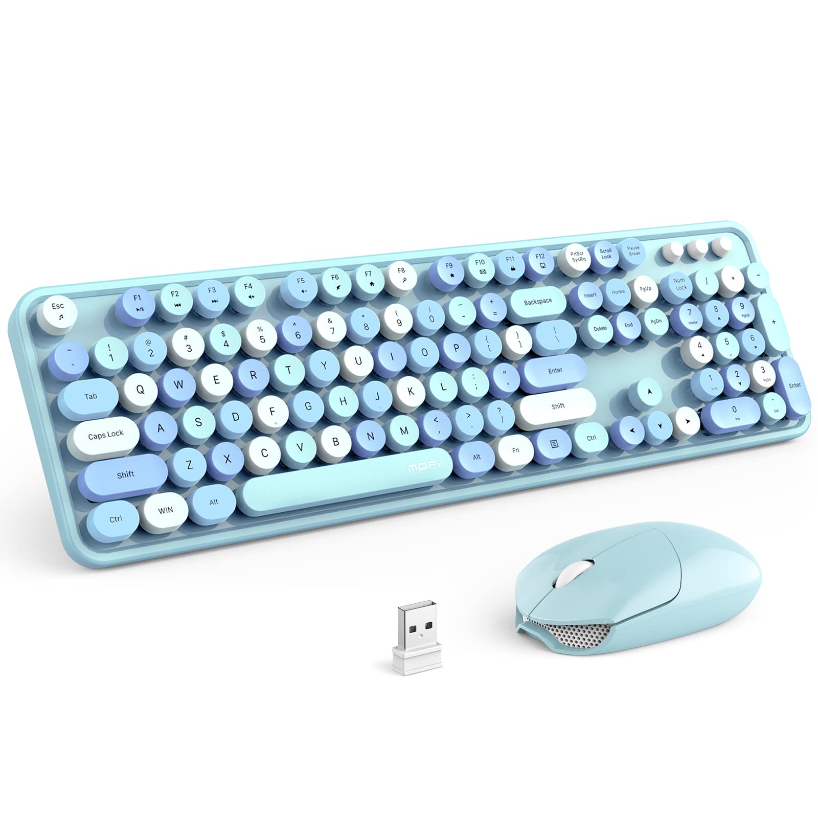 MOFII Wireless Keyboard and Mouse Set, Retro Full Size Typewriter Keyboard with Number Pad and Sport Car Mouse for PC Computer Desktop Laptop Windows (Blue Colorful)