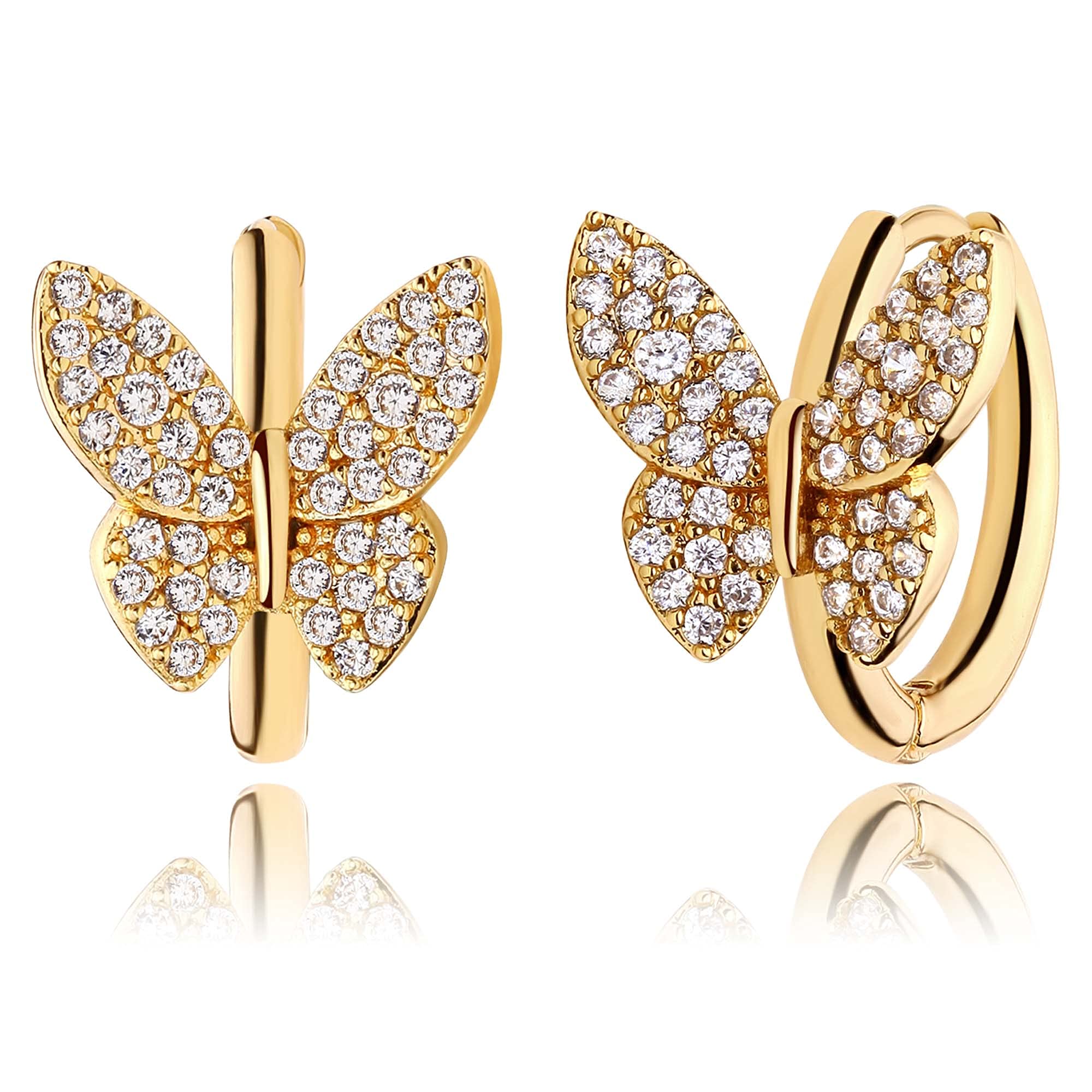 MEVECCO Gold Butterfly Huggie Hoop Earrings 18K Gold Plated Cubic Zirconia Butterfly Hoop Minimalist Handmade Earrings for Women