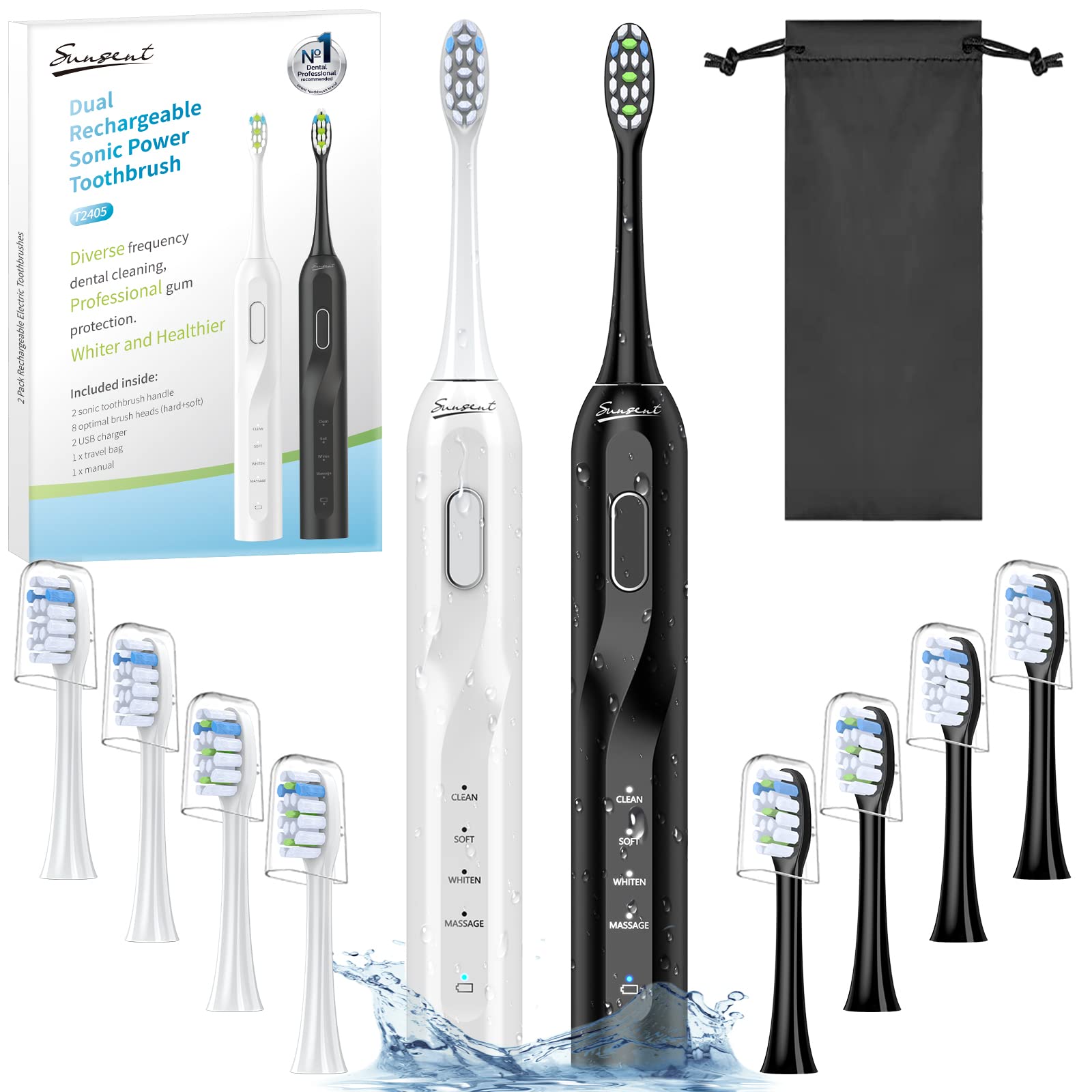 SUNSENT 2 Pack Sonic Electric Toothbrush, Long-lasting Rechargeable Toothbrushes for Adults and Kids w/Pressure Sensor 48000 VPM 2 Minutes Smart Timer IPX7 Waterproof, 100 Days