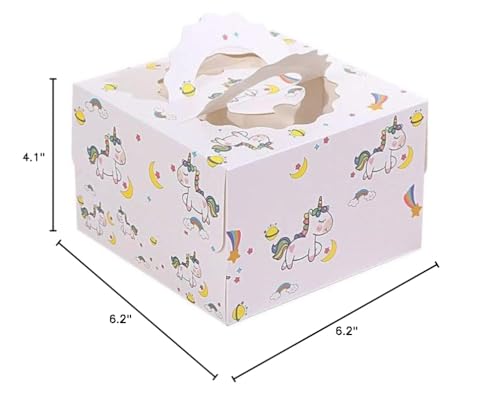 Joyful Harts - Bento Cake Box - with cake board & handle - mini cake gift boxes - cupcake box - muffin box - 10 pieces 6x6x4 inches - disposable mini cake carrier (White-Unicorn)