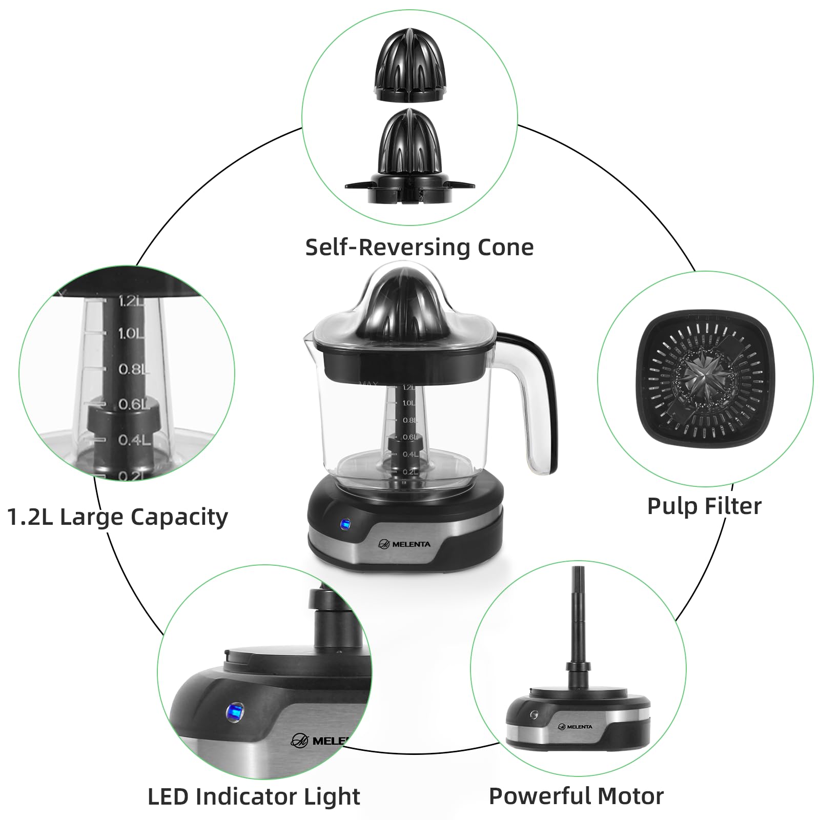 M MELENTA Electric Citrus Juicer Machine, 1.2L Large Volume Lemon Squeezer with Powerful & Quiet Motor, Pulp Control, Easy to Clean, Orange Juicer for Grapefruits, Limes, Oranges and Lemons, Green