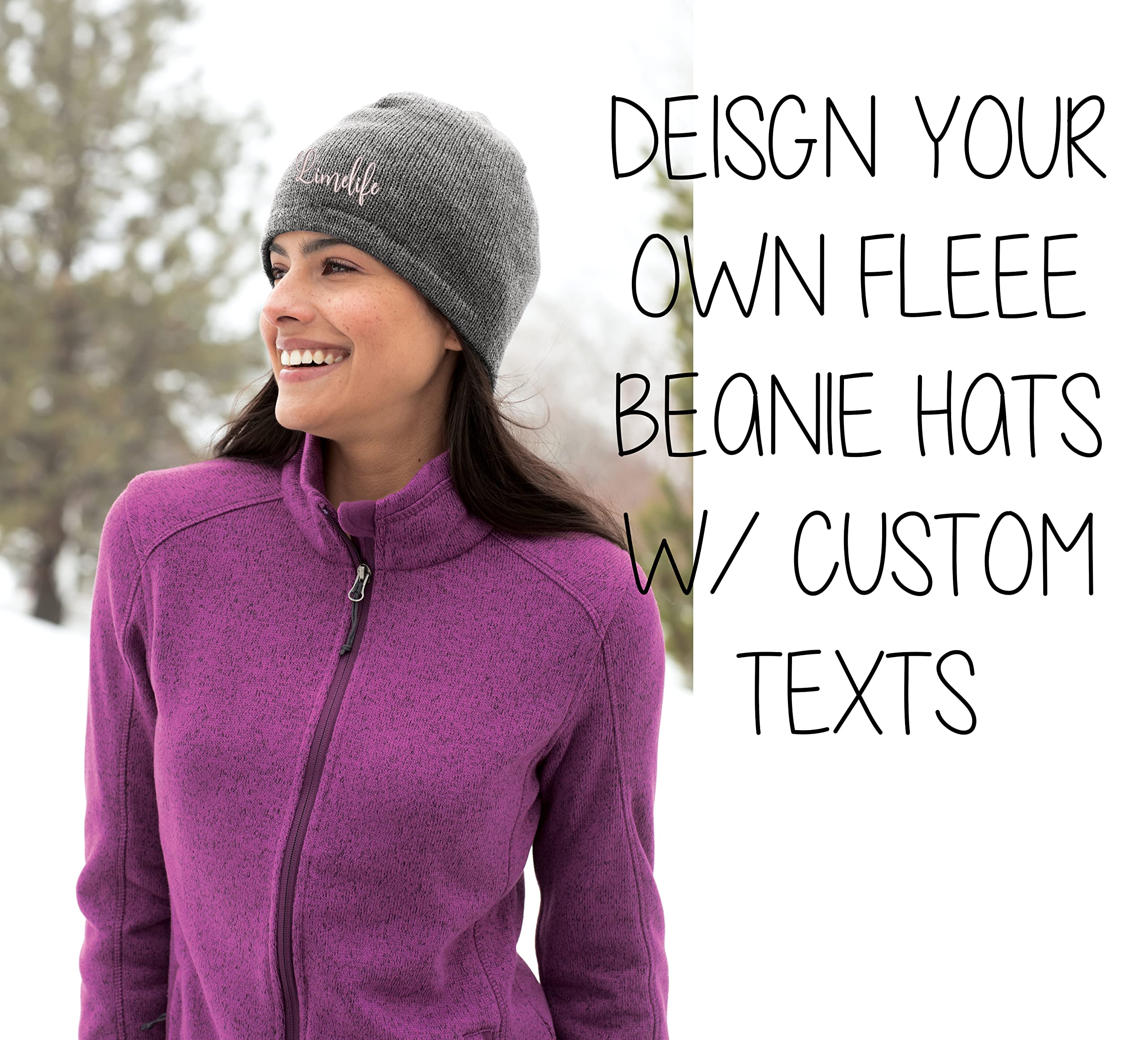 INK STITCH CP91L Custom Text Stitching Design Your Own Fleece Line Beanie Hats (Black)