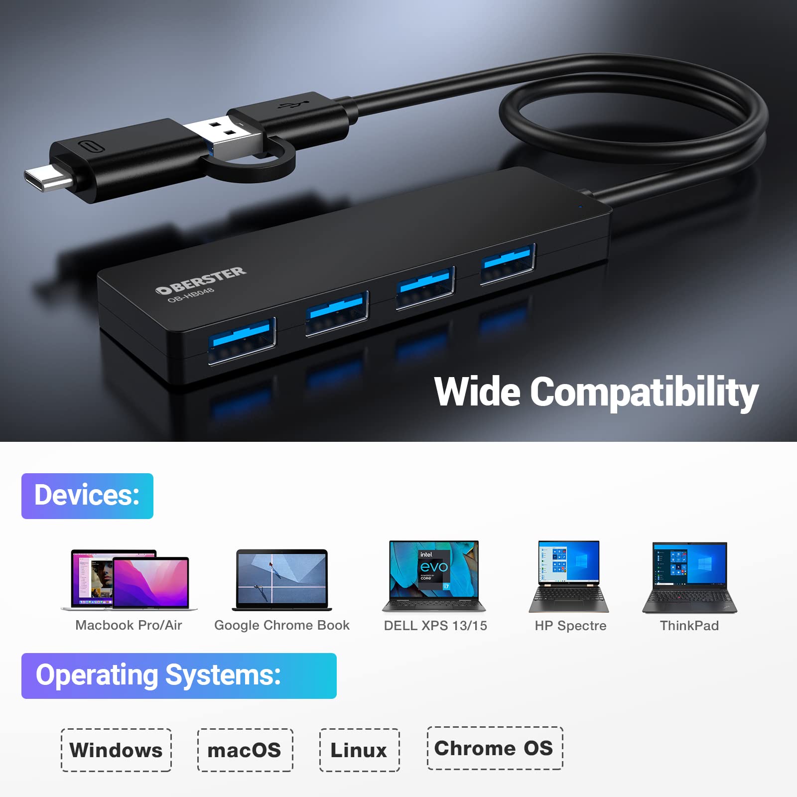 USB 3.0 Hub 5Gbps with USB C Adapter, Ultra Slim USB Adapter USB Splitter USB 3.0 Hub USB 3.0 Adapter with 4 USB 3.0 Port USB Splitter for MacBook, iMac Pro, Mac Mini/Pro, Surface Pro, Dell, HP