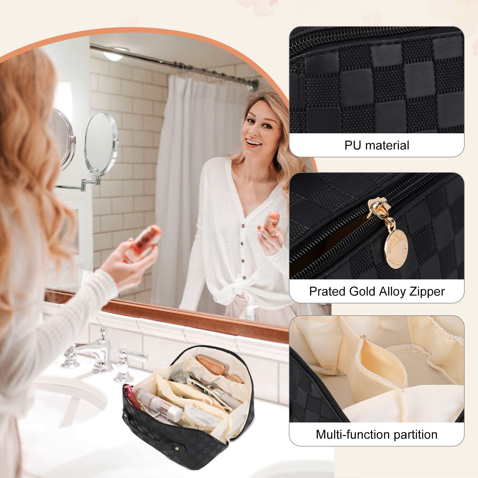 Travel Makeup Bag for Women Large Capacity Cosmetic Bag Waterproof Black Checkered Portable PU Leather Toiletry Bag Organizer Makeup Brushes Storage Bag with Dividers and Handle