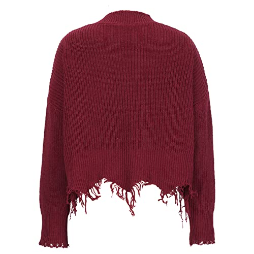 Womens V Neck Knit Sweater Long Sleeve Ripped Pullover Loose Fit Warm Knitted Jumper Crop Tops Sweaters Wine