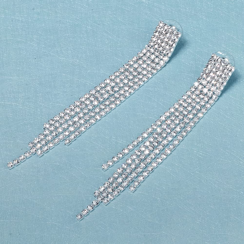 Mlouye Dangle Earrings for Women, Rhinestone Earring Dangling Long Tassel Crystal Chandelier Drop Earrings for Prom Party Silver Tone Clear