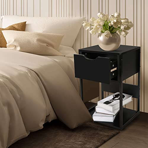 YUSING Nightstand Set of 2, Side Table with Drawer and Storage Shelf, 3-Tier End Table Bedside Table for Bedroom, Living Room, Sofa, Couch, Hall (Black)