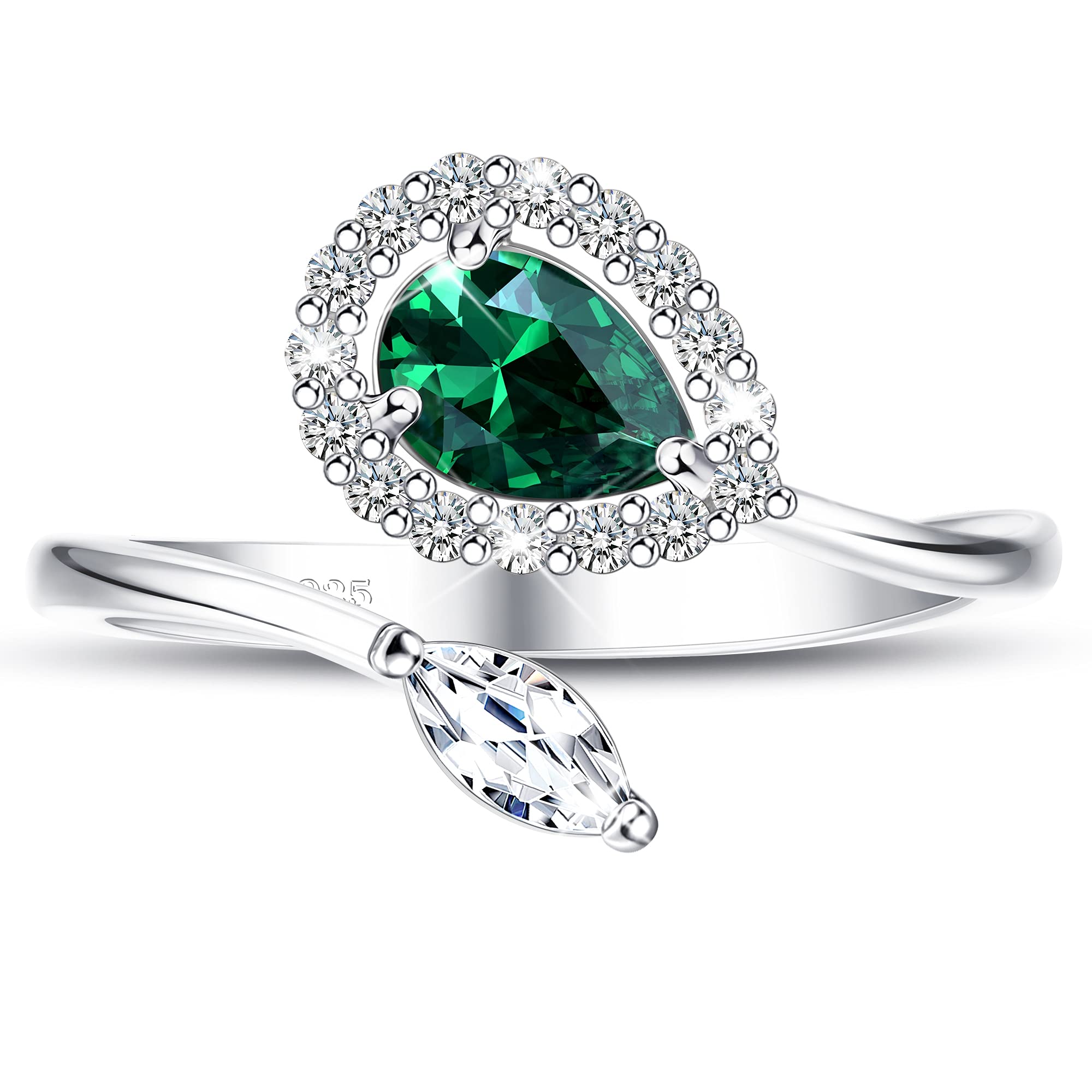 MUSECLOUD 925 Sterling Silver Birthstone Rings for Mothers Teardrop CZ Engagement Rings Adjustable Cubic Zirconia Thumb Open Rings for Women (Silver-May)