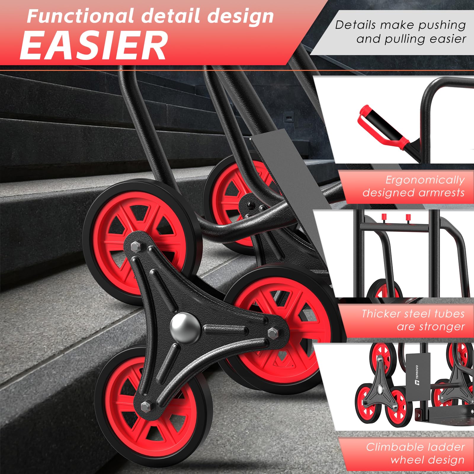 Teprovo Stair Climbing Hand Truck 440lb,Heavy Duty Dolly Cart for Stairs,Thickened Upgraded Steel Tube Folding Stair Climbing Trolley with Six Wheels and Telescoping Handle